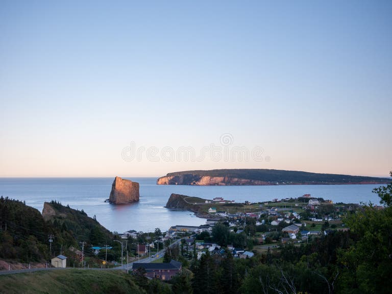 View of the Town of Perce and the Rock at Sunset Stock Photo - Image of ...