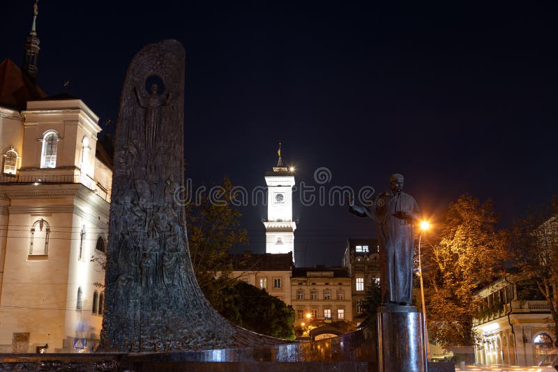 View of Town Square at Night Stock Photo - Image of tourism, tower ...