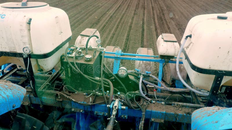 View from Tractor Cab. Closeup of Tractor Seeder, Pneumatic Sowing ...