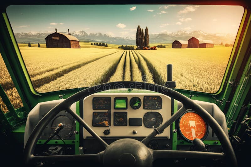 View from Tractor Cab on Field. Harvester Machine Inside Cabin, Control ...