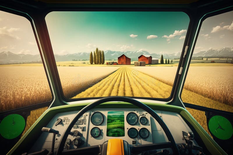 View from Tractor Cab on Field. Harvester Machine Inside Cabin, Control ...