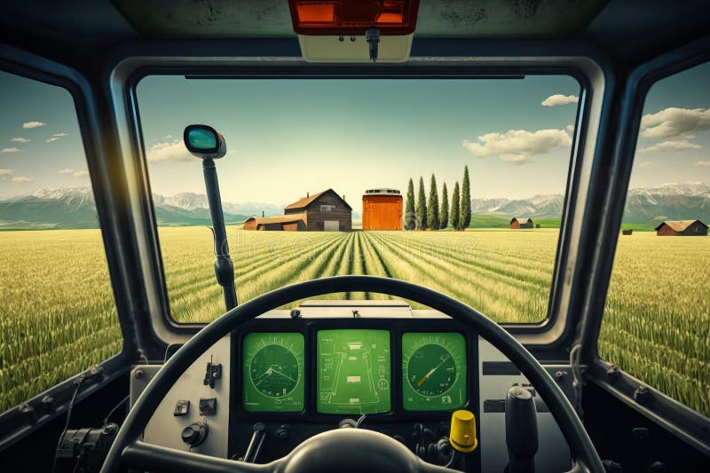 View from Tractor Cab on Field. Harvester Machine Inside Cabin, Control ...