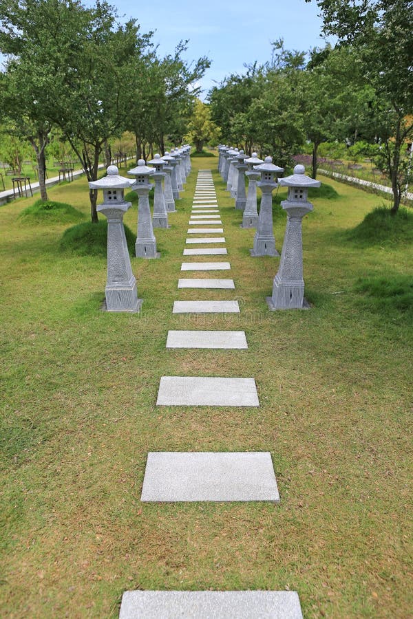 View of Traditional Japanese Garden with Walk Pathway and Lantern Pole ...