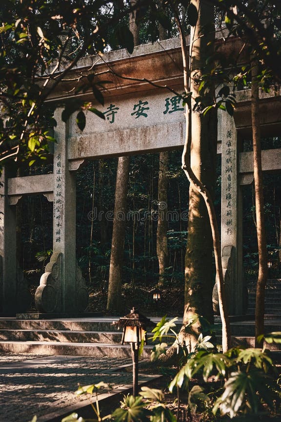 A View of a Traditional Stone Gate in a Forest Setting with Sunlight ...