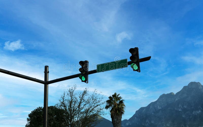 View of Traffic Lights, Road Sign and Beautiful Mountains Stock Photo ...