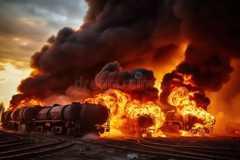 View of a Train Derailed Exploding with Fire and Smoke. Stock Image ...