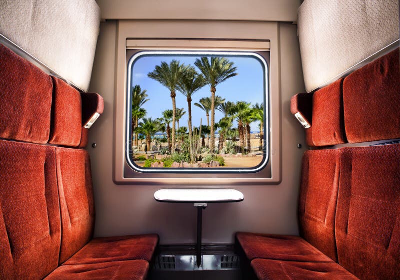View from the Train Window on Green Palms and Blue Sky. Stock Photo ...