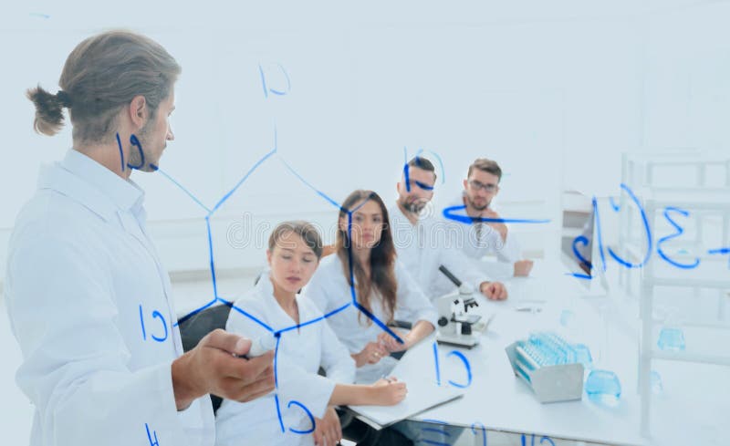 View through the Transparent Board. a Scientist Makes a Report Stock ...
