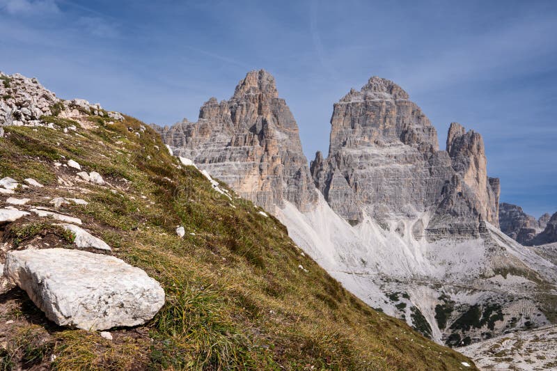 View of Tre Cime Di Lavaredo with Dramatic Blue Sky. Dolomites. Stock ...