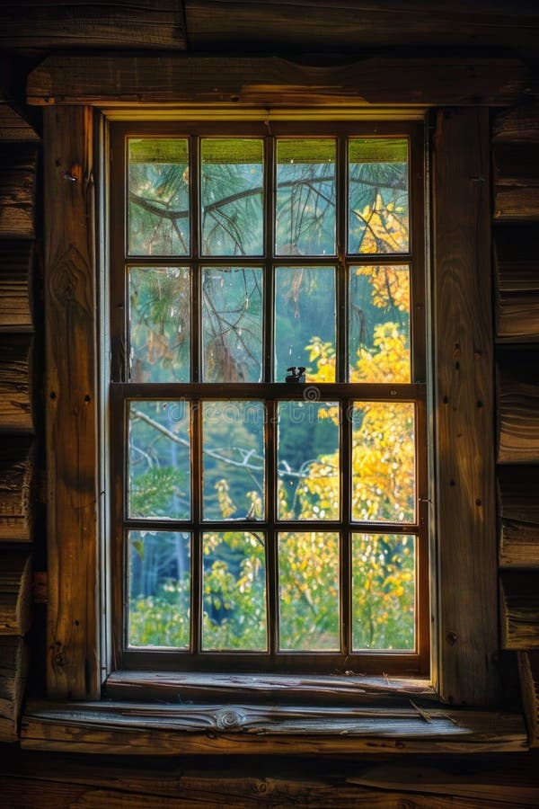 A View of Trees through a Log Cabin Window. Perfect for Nature-themed ...