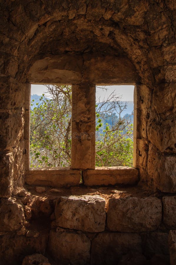 View of Trees and Mountains through Antique Window on Old Stone Stock ...