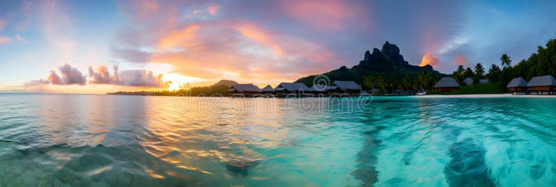 View of a Tropical Beach with Bungalows at Sunset, Banner Image ...