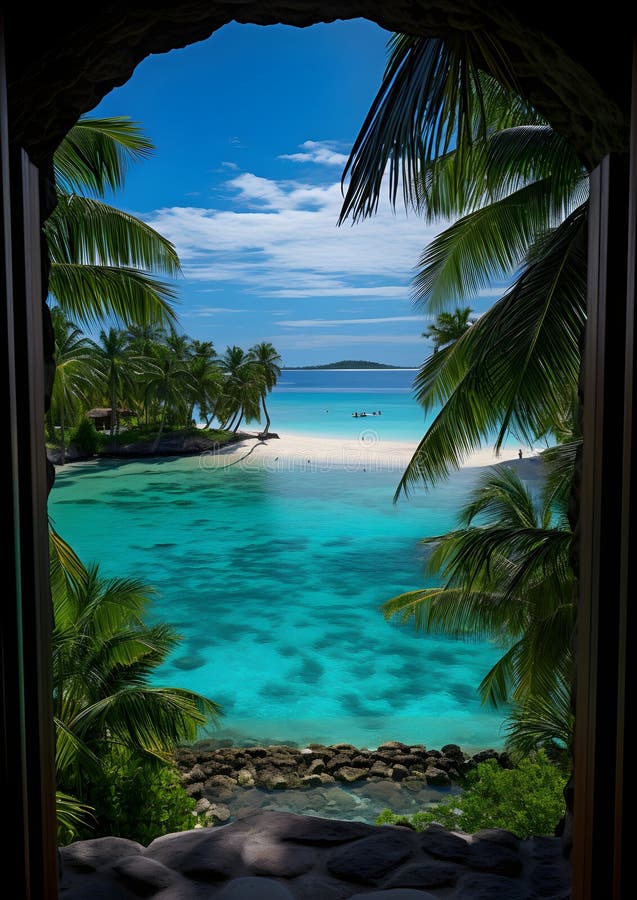 A View of a Tropical Beach through a Window.Window View from Resort ...