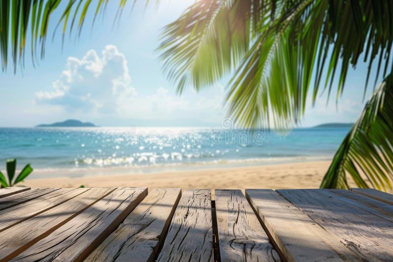 View of a Tropical Beach from a Wooden Deck with Palm Leaves in the ...
