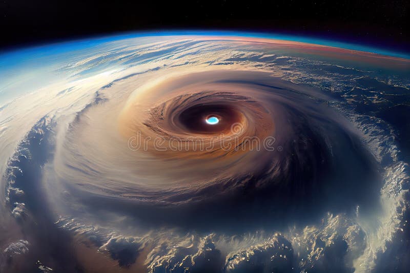 View of Tropical Cyclone from Outer Space, with Planets and Stars in ...