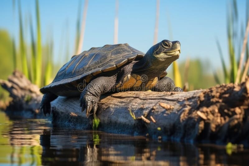 View of a Turtle Basking on a Log in the Marsh Sun Stock Image - Image ...