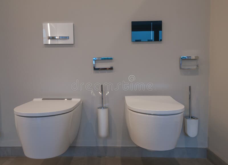 View of Two Different Toilets with Matching Accessories Stock Photo ...