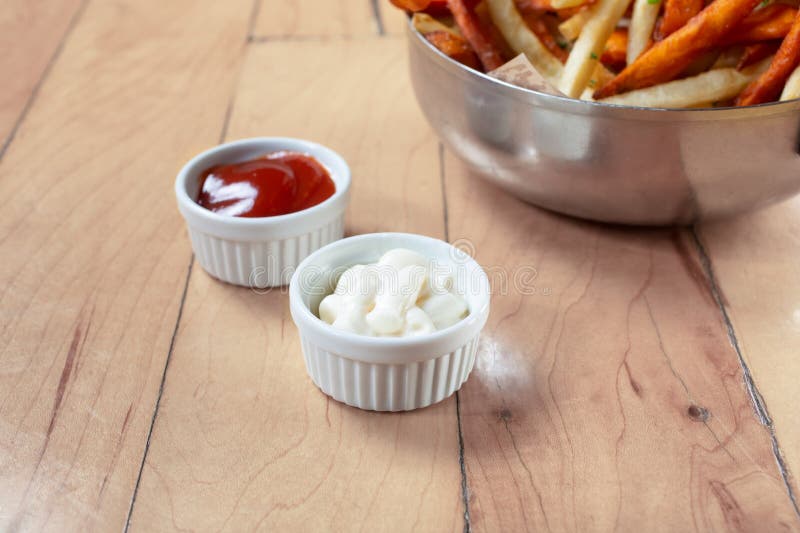 Condiment Cup of Mayo and Ketchup Stock Photo - Image of setting ...