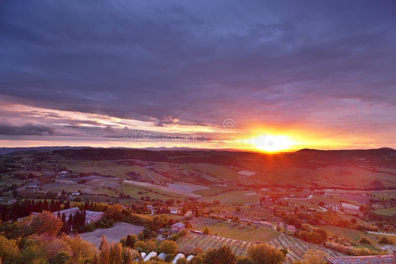 View of the Typical Tuscan Countryside at Sunset Stock Photo - Image of ...