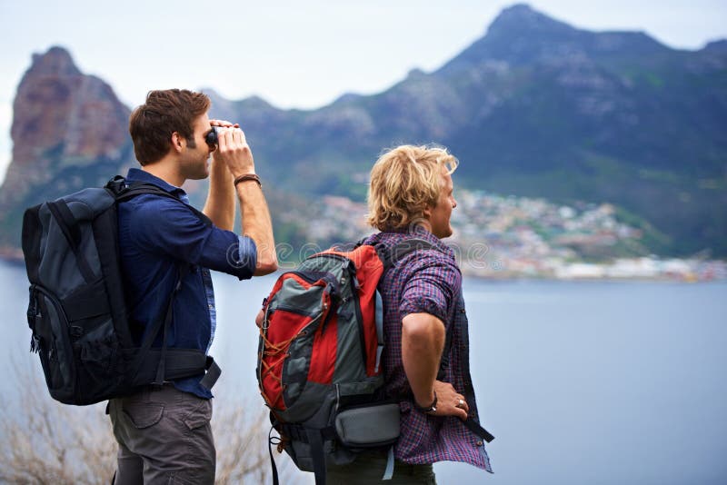 The View is Unbelievable. Two Male Backpackers Admiring a Great View ...