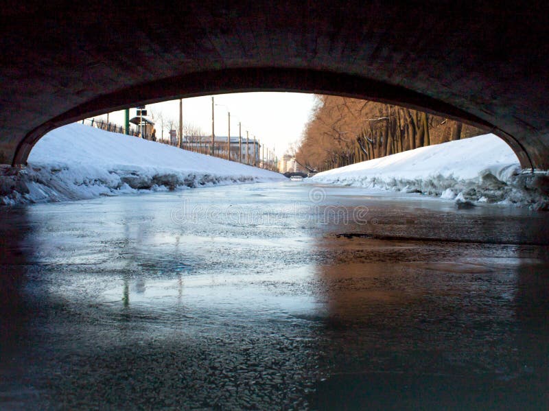 View from Under the Bridge on the River in Winter Stock Photo - Image ...