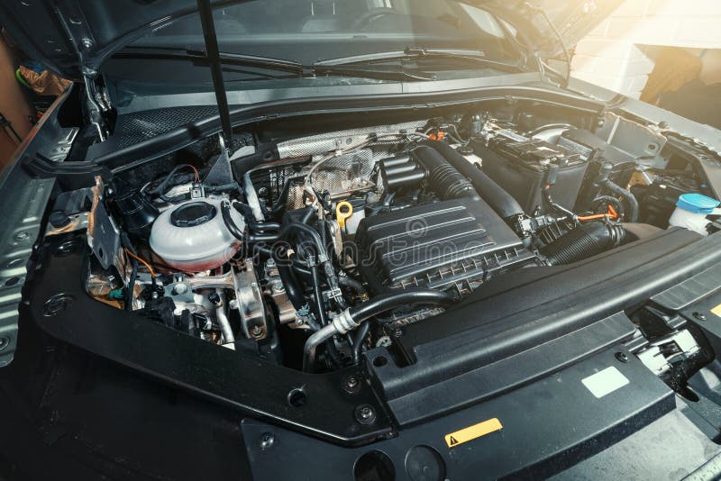 View Under Car Hood of Modern Turbocharged Eco-friendly Engine or Motor ...