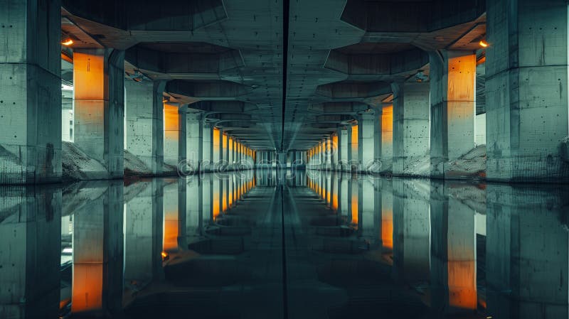 View Under a Concrete Bridge, with the Ceiling Lights Reflecting Off ...
