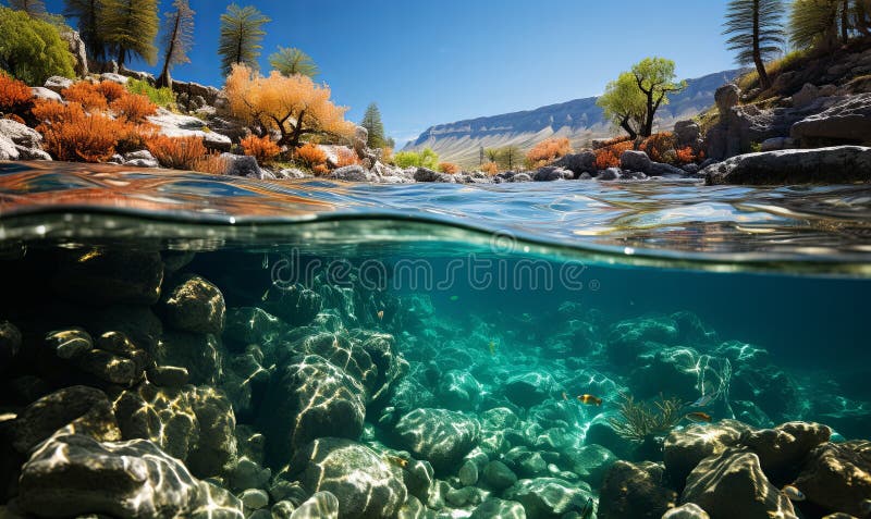 Underwater River View with Rocks and Trees Stock Image - Image of ...