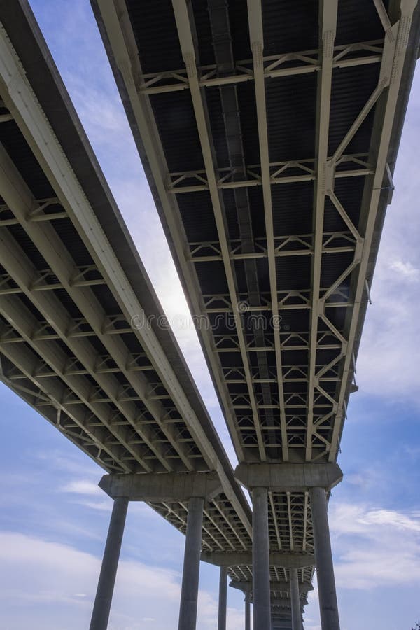 View Underneath a Large Bridge Highway on a Sunny Day with Blue Sky ...