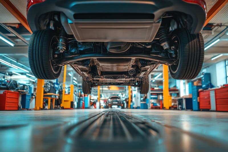 Undercarriage of Car Lifted for Inspection in Workshop Stock Image ...
