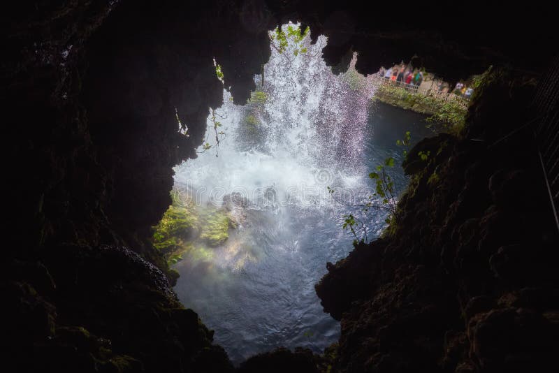 View of the Upper Duden Falls from a Cave Under a Waterfall, Antalya ...
