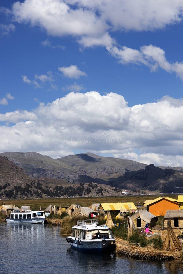 View of Uros Floating Islands with Typical Boats, Puno, Peru Stock ...