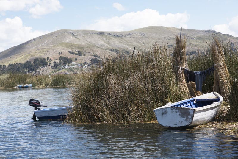 View of Uros Floating Islands with Typical Boats, Puno, Peru Stock ...
