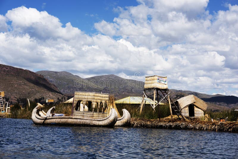 View of Uros Floating Islands with Typical Boats, Puno, Peru Stock ...