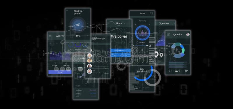 User Interface Screens with Icon, Stats and Data 3d Rendering Stock ...