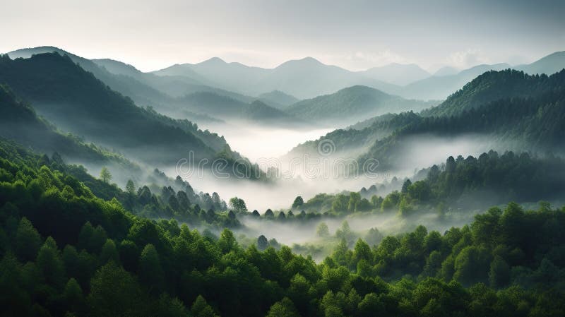A View of a Valley with Trees in the Foreground and Fog in the ...