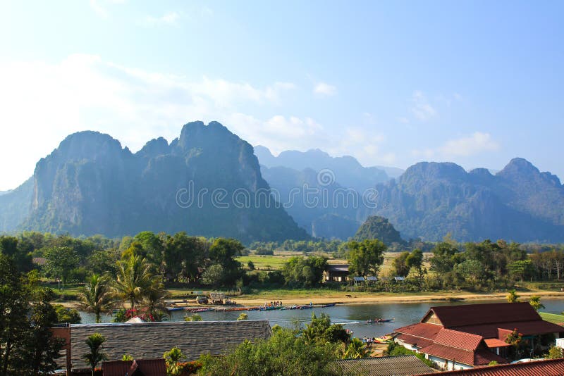 View of Vang Vieng stock image. Image of blue, travel - 37553239