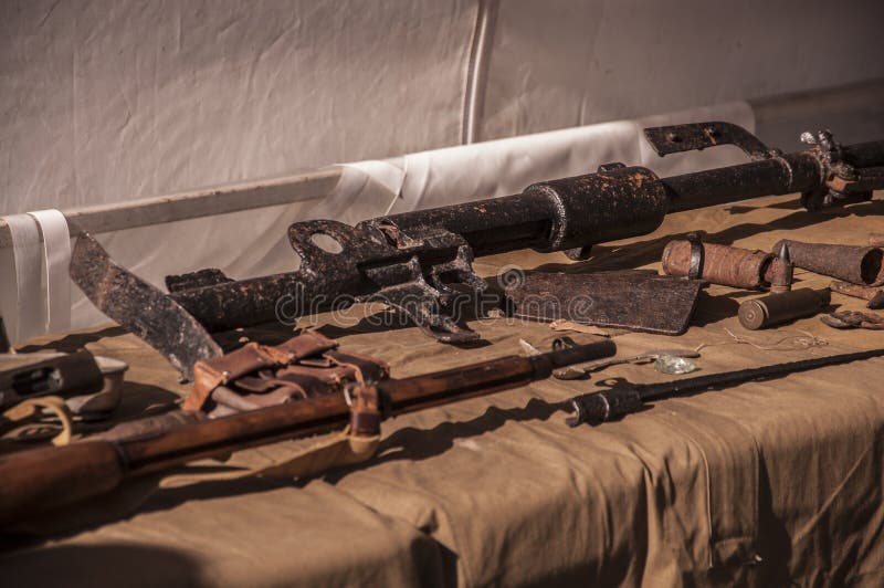 A View of Various Military Metallic Ancient Objects. Vintage Indoor ...