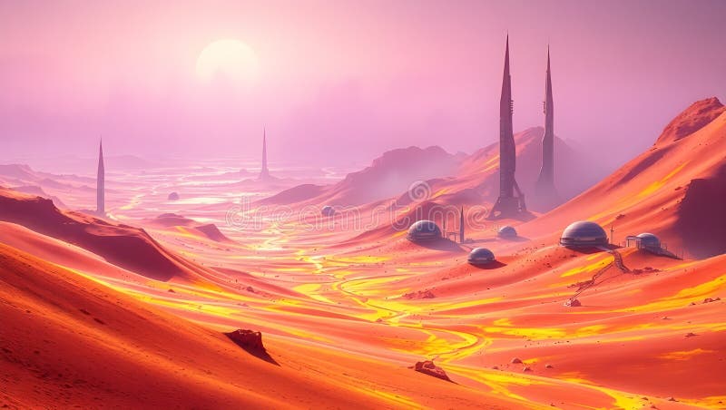 A Vast Futuristic Desert with Glowing Sands and Scattered Advanced ...