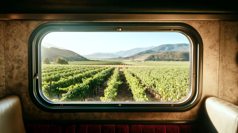 View of Vibrant Vineyard through Train Window, Lush Green Rows Under ...