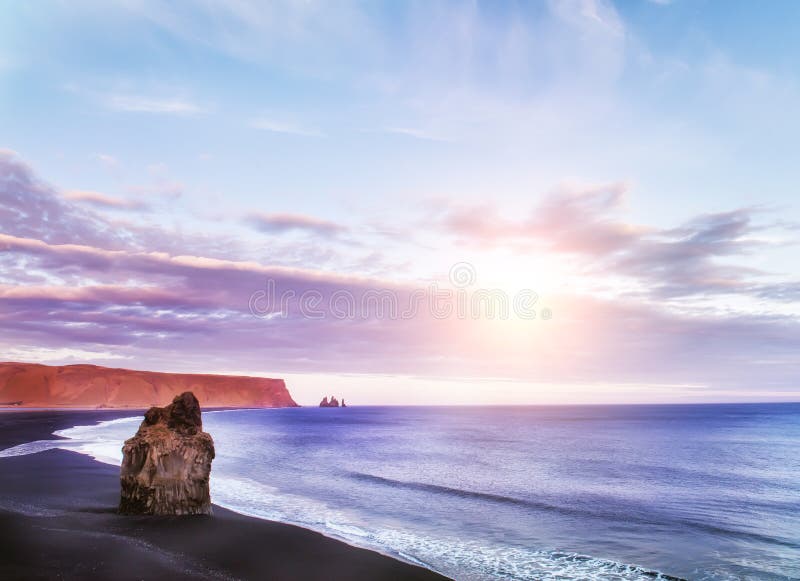 View of Vik Beach with Black Sand and Rocks on the Beach. Stock Image ...