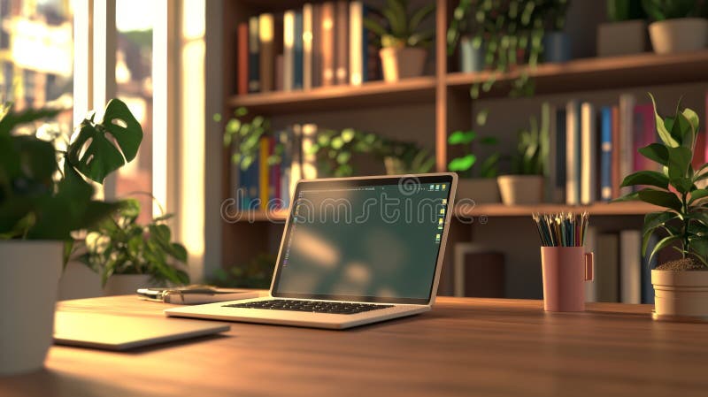 View of a Virtual Office Room with a Bookcase and Professional Setup ...