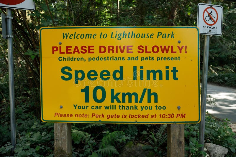 View of Warning Sign Please Drive Slowly Inside the Lighthouse Park in ...