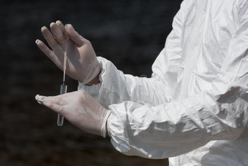 View of Water Inspector in Latex Gloves with Test Tube Taking Water ...