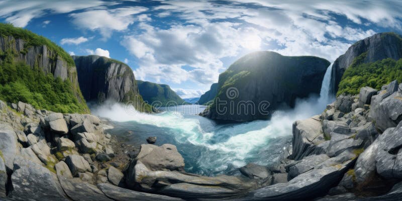 360 View of Waterfall in Norway, AI Stock Image - Image of range ...