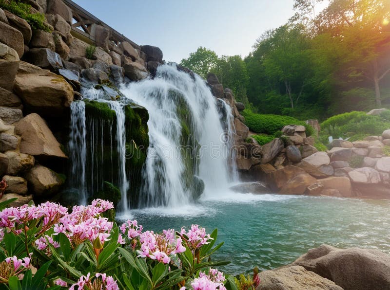 A View of Waterfall, Water Crashing Down Rugged Rocks. AI Image ...