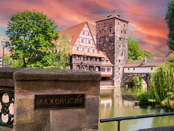 View of the Weinstadel with Max Bridge in Nuremberg, Bavaria Stock ...
