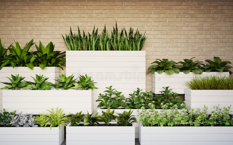 View of White Wooden Plant Pots Against Beige Bricks Stock Illustration ...