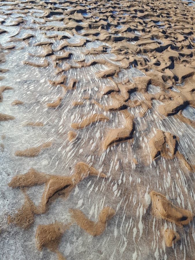 View of Wind Shaped Sand Surface with Water Frozen in Sand Puddles in ...