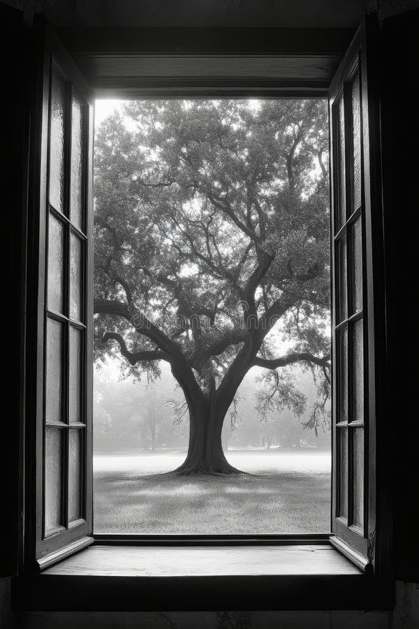 A View through a Window of a Big, Twisted Tree and a Distant Woodland ...